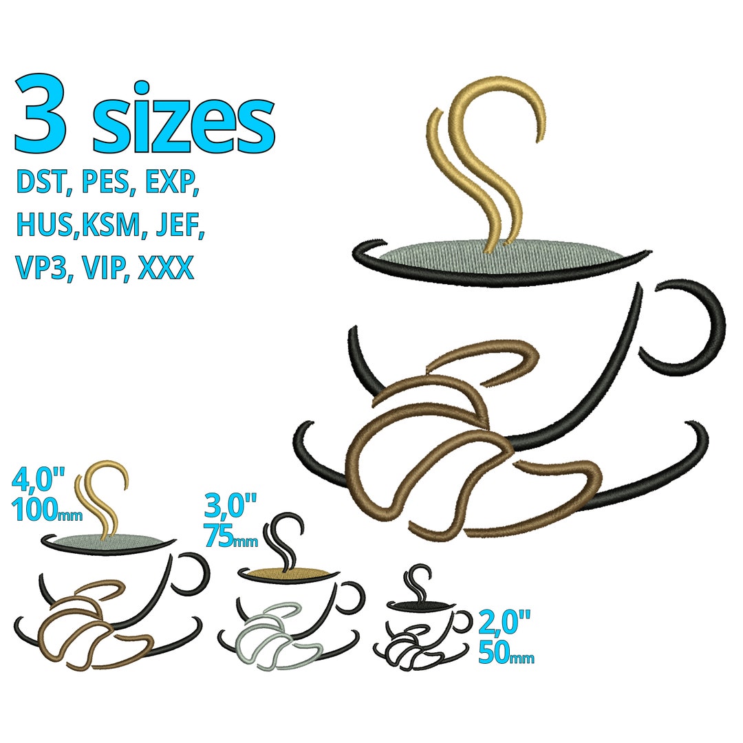Coffee Embroidery Design 4 Sizes - Croissant Machine Embroidery File ...