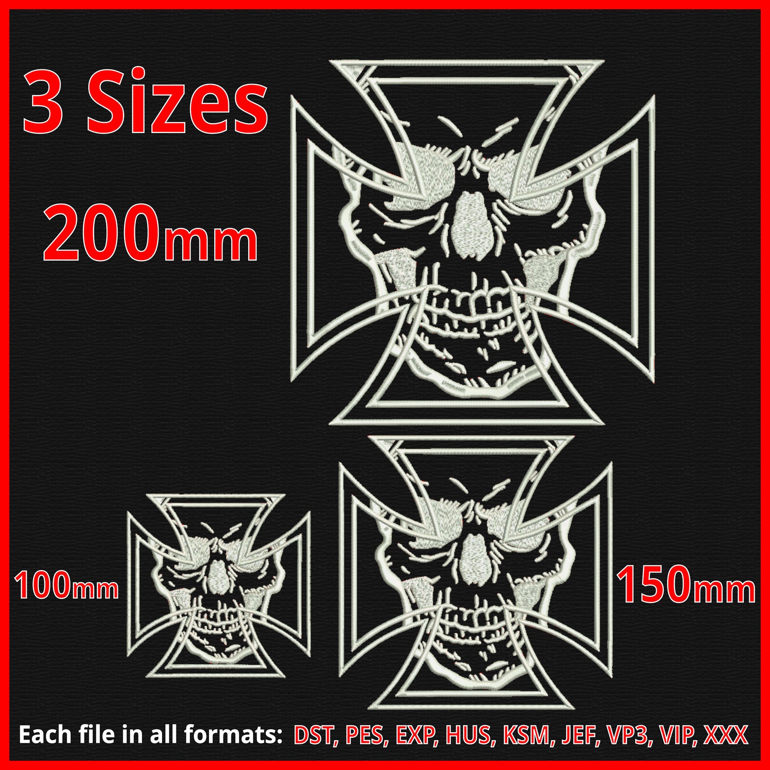 Iron Cross Skull Head Embroidery Design 3 Sizes - Motorcycle Rocker ...