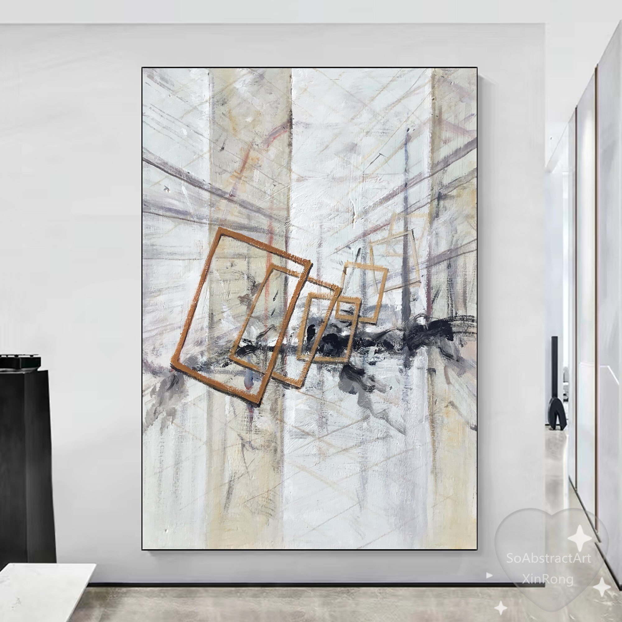 Extra Large Brown Rectangle Oil Painting Original Abstract Geometric ...