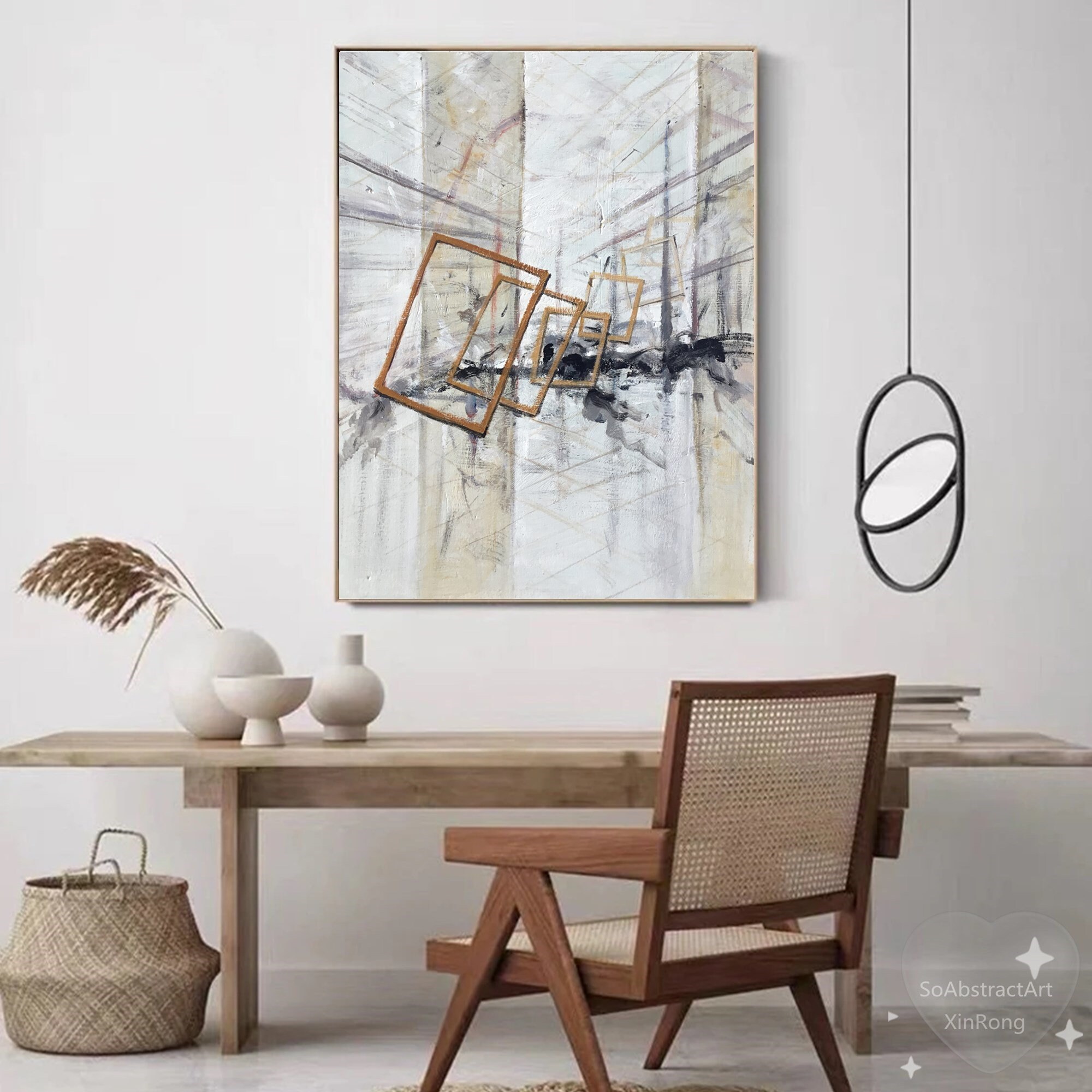 Extra Large Brown Rectangle Oil Painting Original Abstract Geometric ...