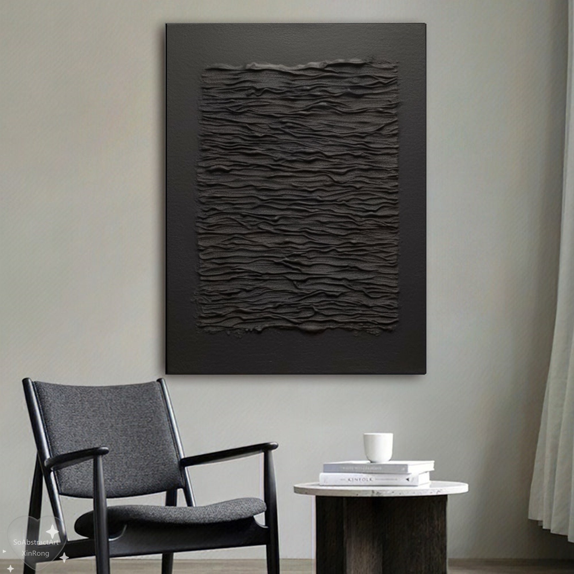 Large 3D Black Abstract Oil Painting Black Minimalist Wall Art Original ...