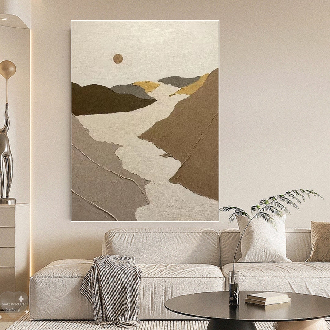 Beige Wabi-sabi Wall Art Beige Mountains Abstract Painting Large Brown ...