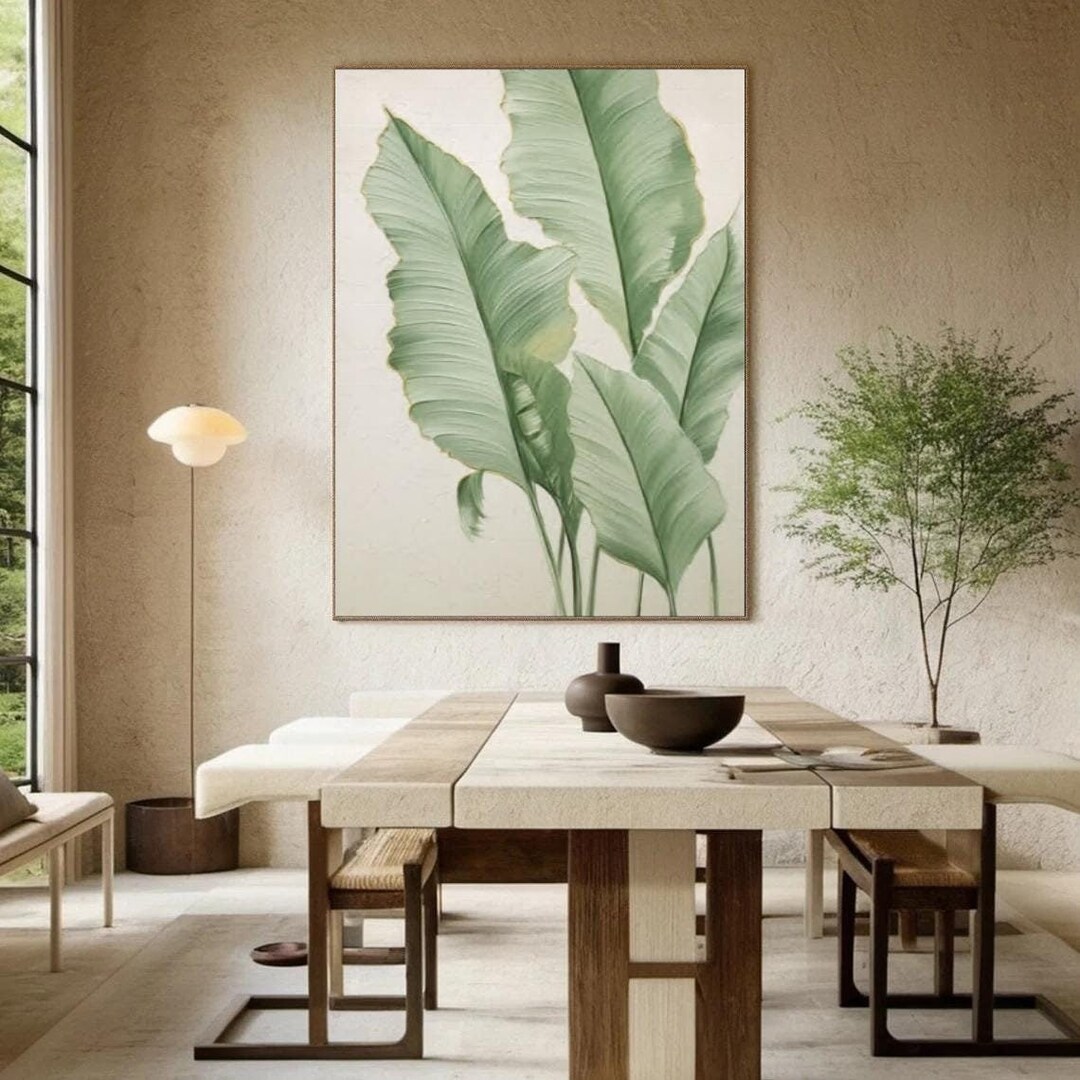 Original Green Leaf Oil Painting on Canvas Handmade Banana Leaf Wall ...
