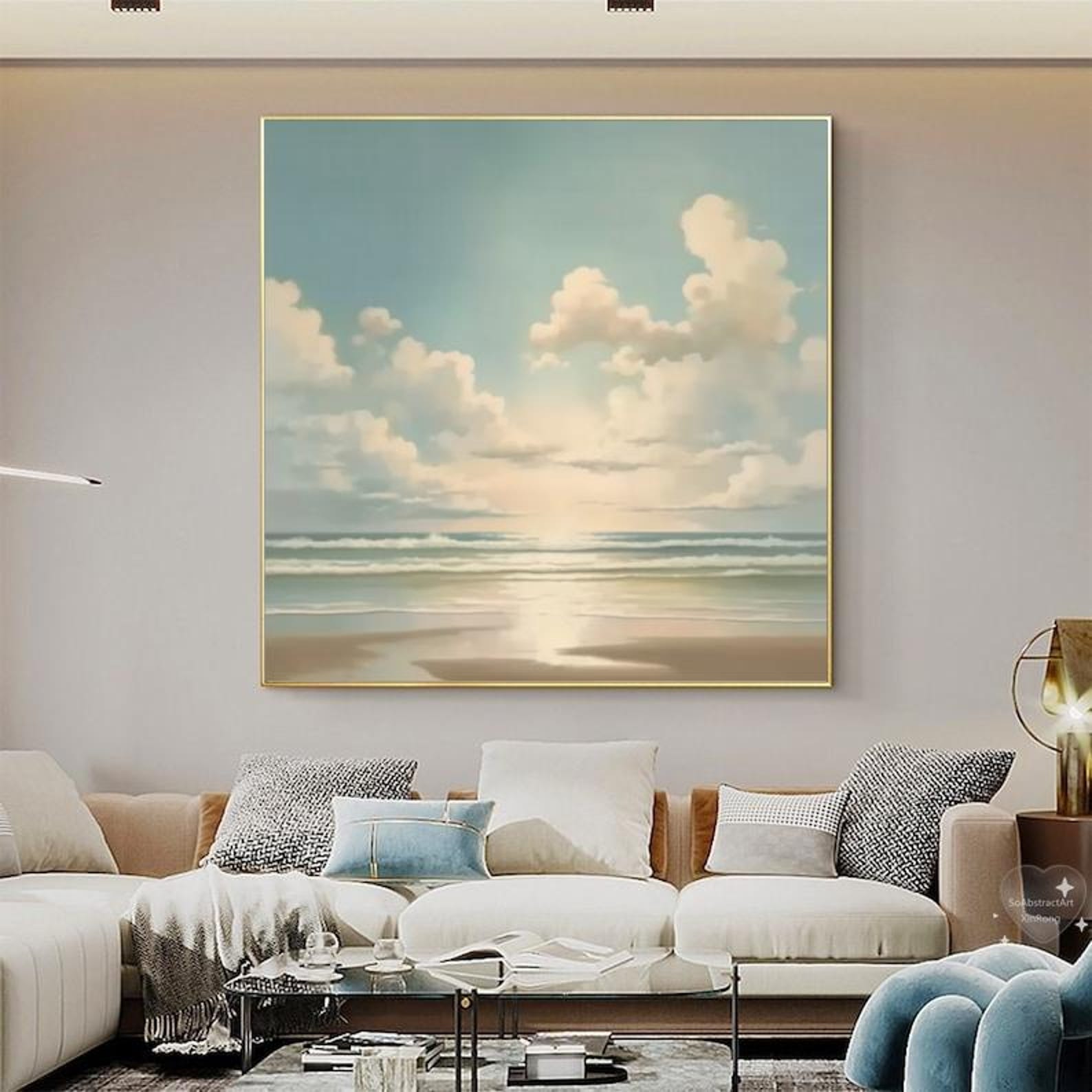 Abstract Seascape Oil Painting Beige 3d Texture Cloud Wall Art Large ...
