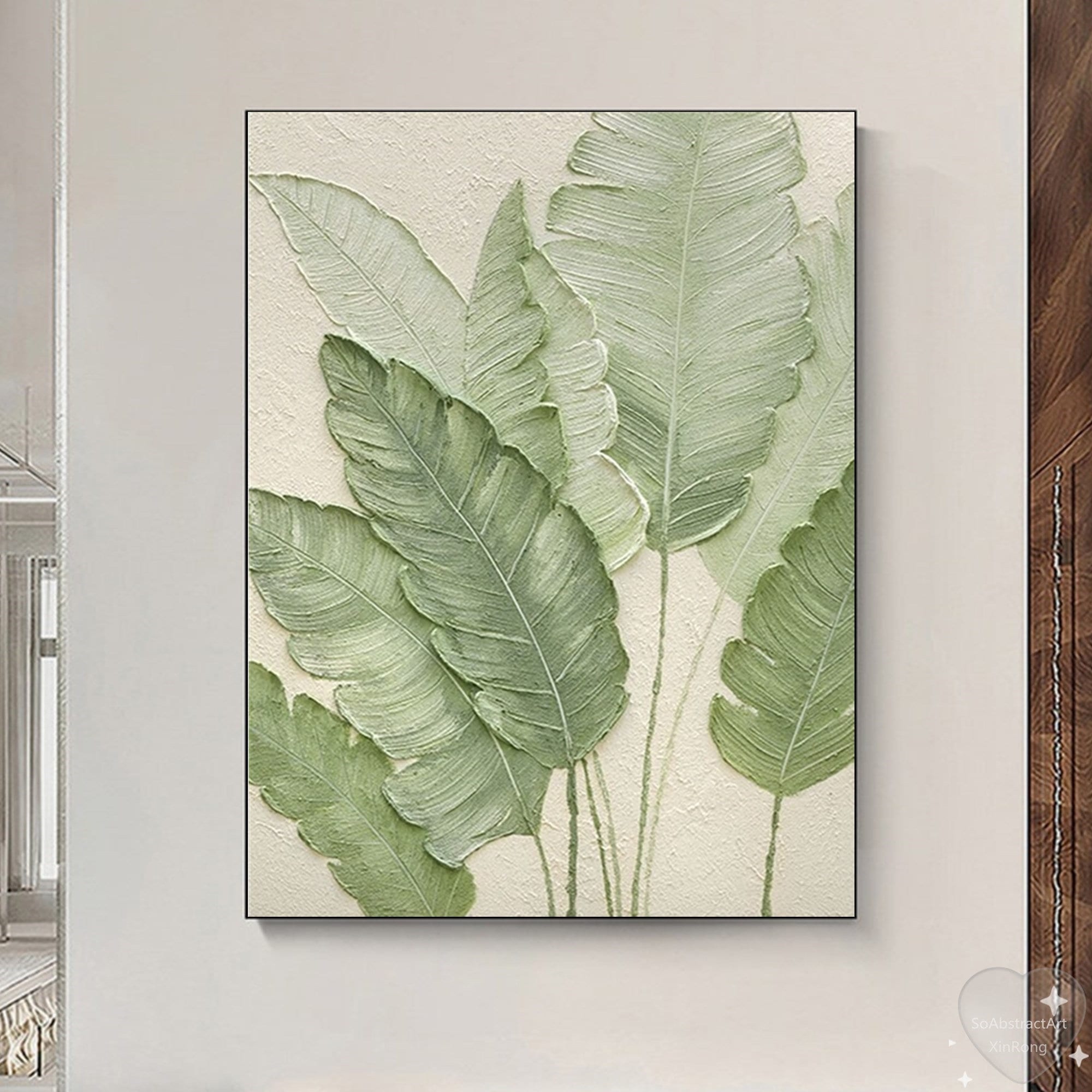 Original Green Leaf Painting Green Acrylic Canvas Framed Wall Art Hand ...