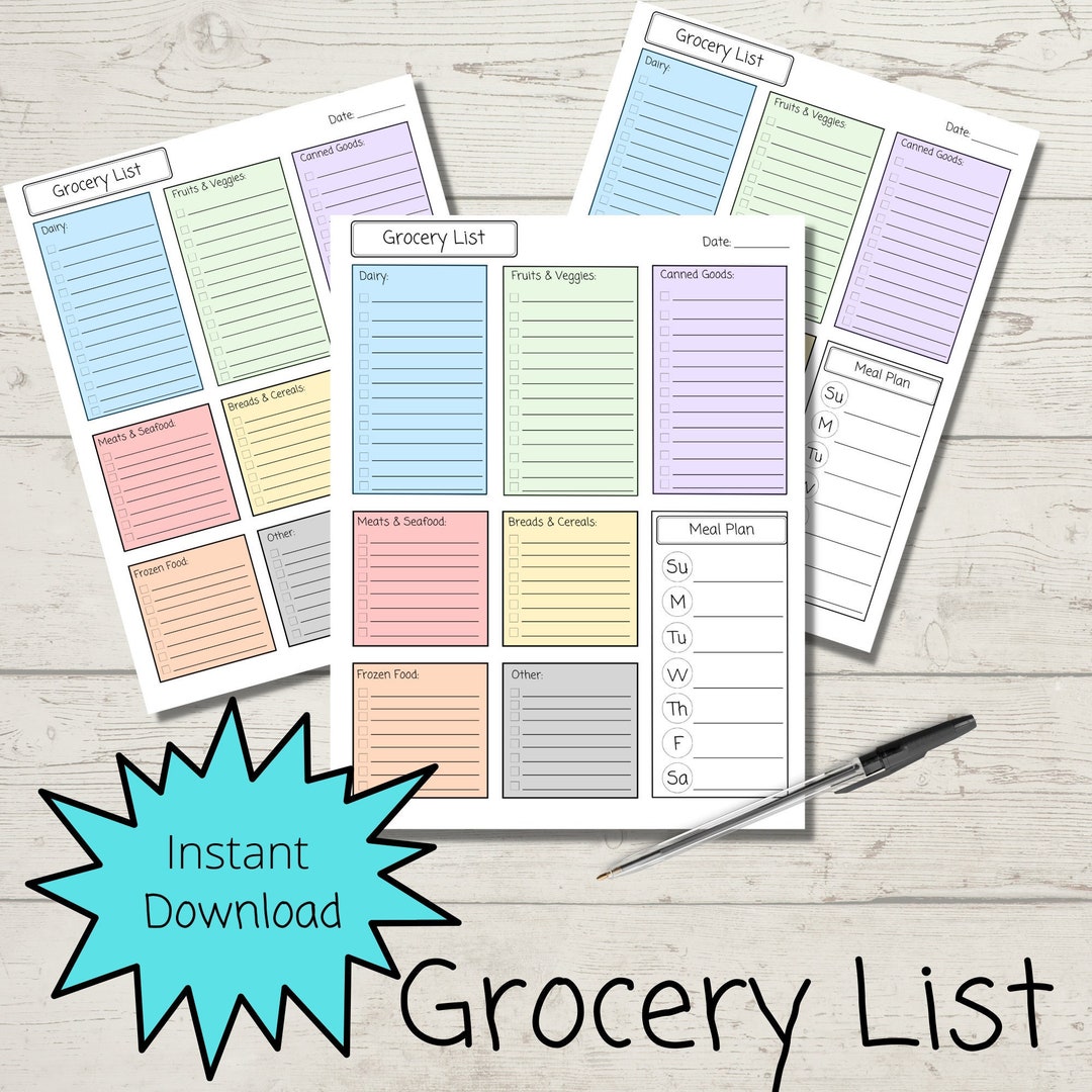 Printable Grocery List Shopping Organization Food List Instant Download ...