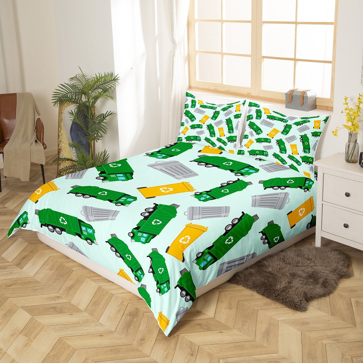 Garbage Truck Handmade Bedding Set Rubbish Bin Yellow Green - Etsy