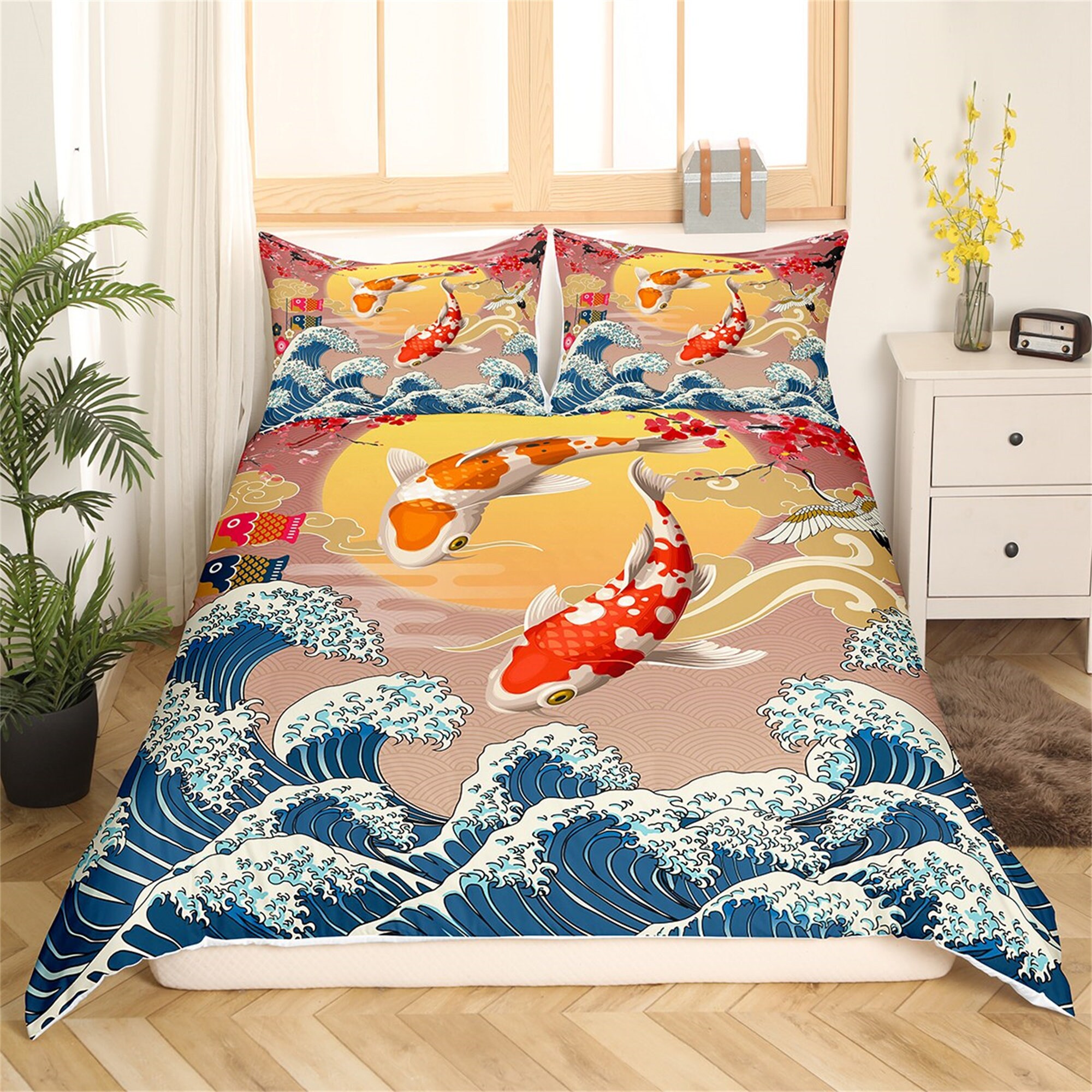 Japanese Style Koi Fish Duvet Cover, Ukiyeo Watercolor Sea Wave Sunset ...
