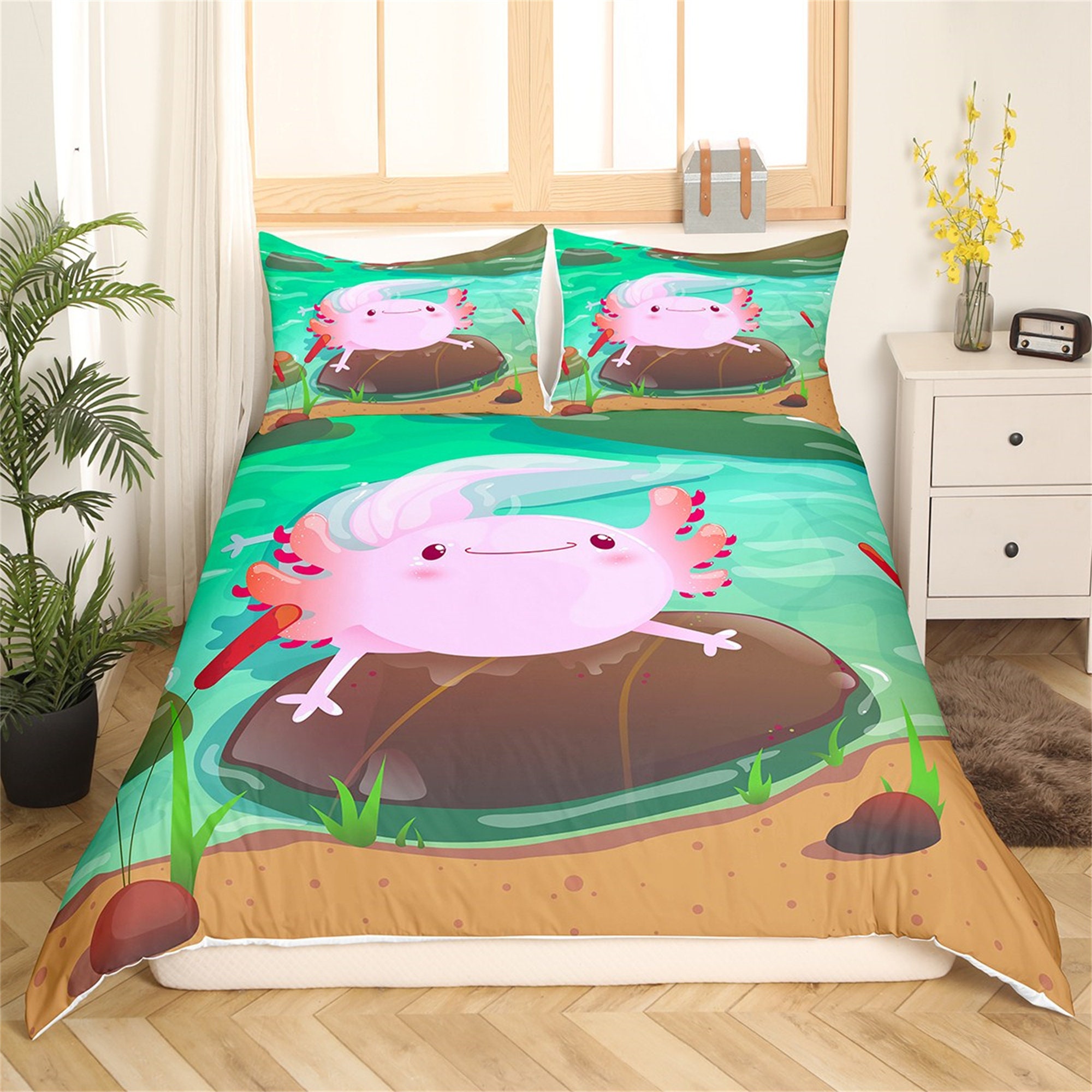 Cartoon Pink Axolotl Duvet Cover Cute Ocean Animal Print Bedding Set cartoon-pink-axolotl-duvet-cover-cute-ocean-animal-print-bedding-set