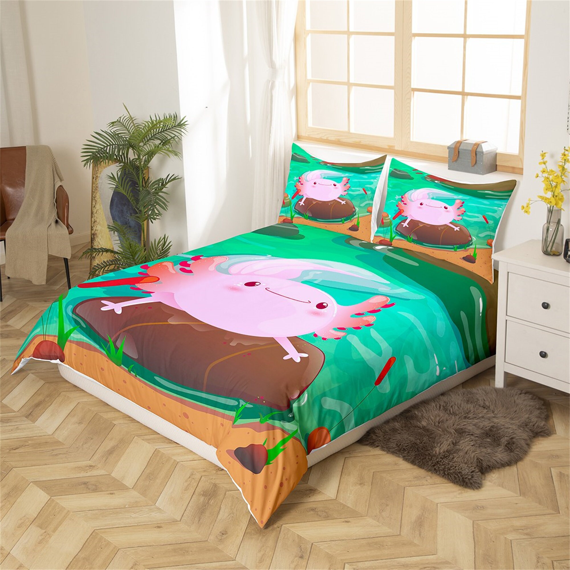 Cartoon Pink Axolotl Duvet Cover Cute Ocean Animal Print Bedding Set cartoon-pink-axolotl-duvet-cover-cute-ocean-animal-print-bedding-set