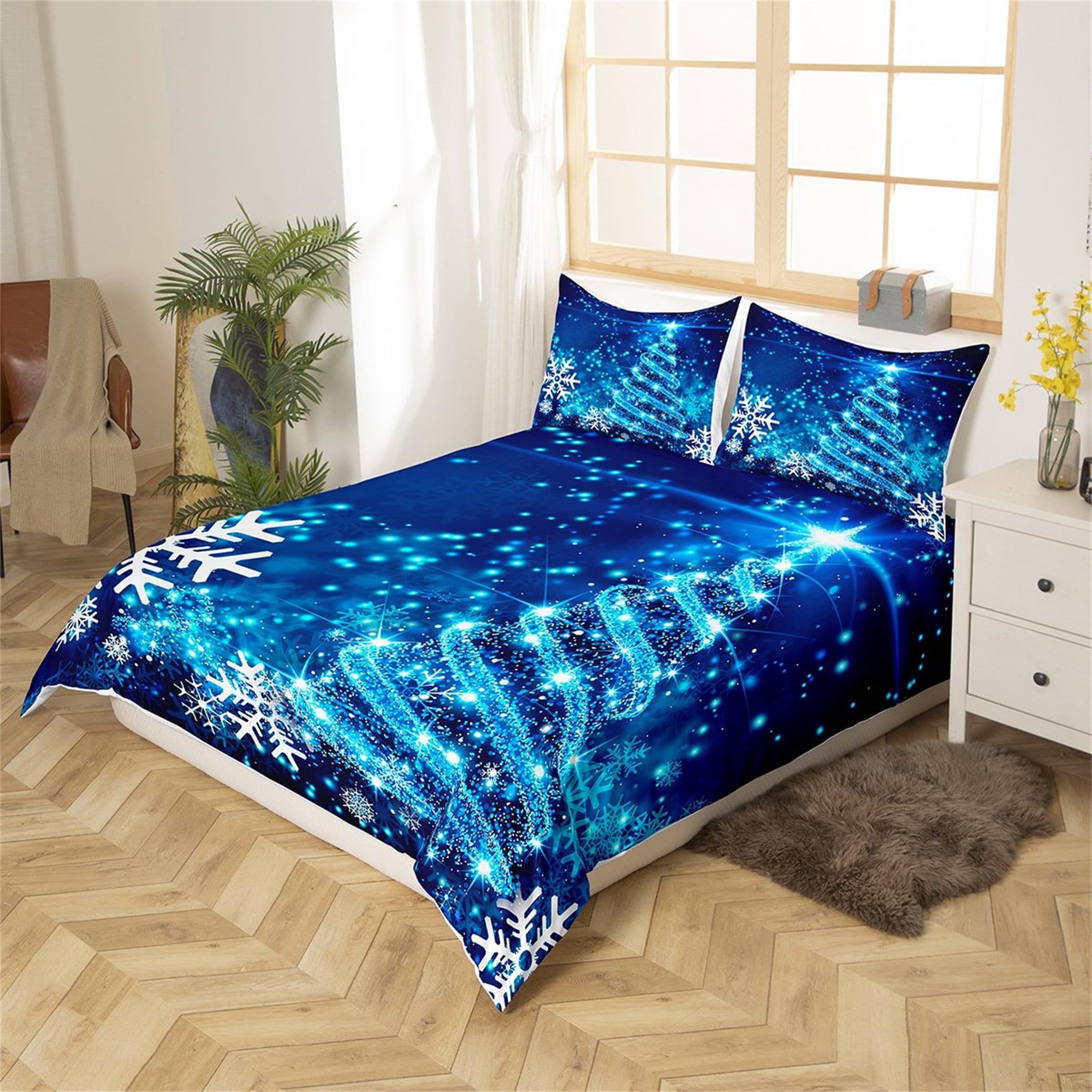 Romantic Christmas Tree Duvet Cover, Winter Snowflake Bling Bedding Set ...