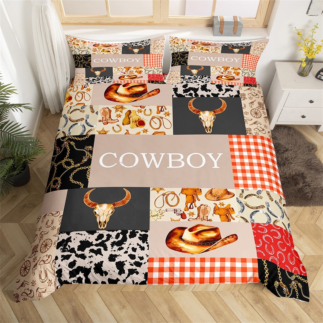 Retro Cowboy Duvet Cover Bull Skull Rustic Animal Plaid - Etsy