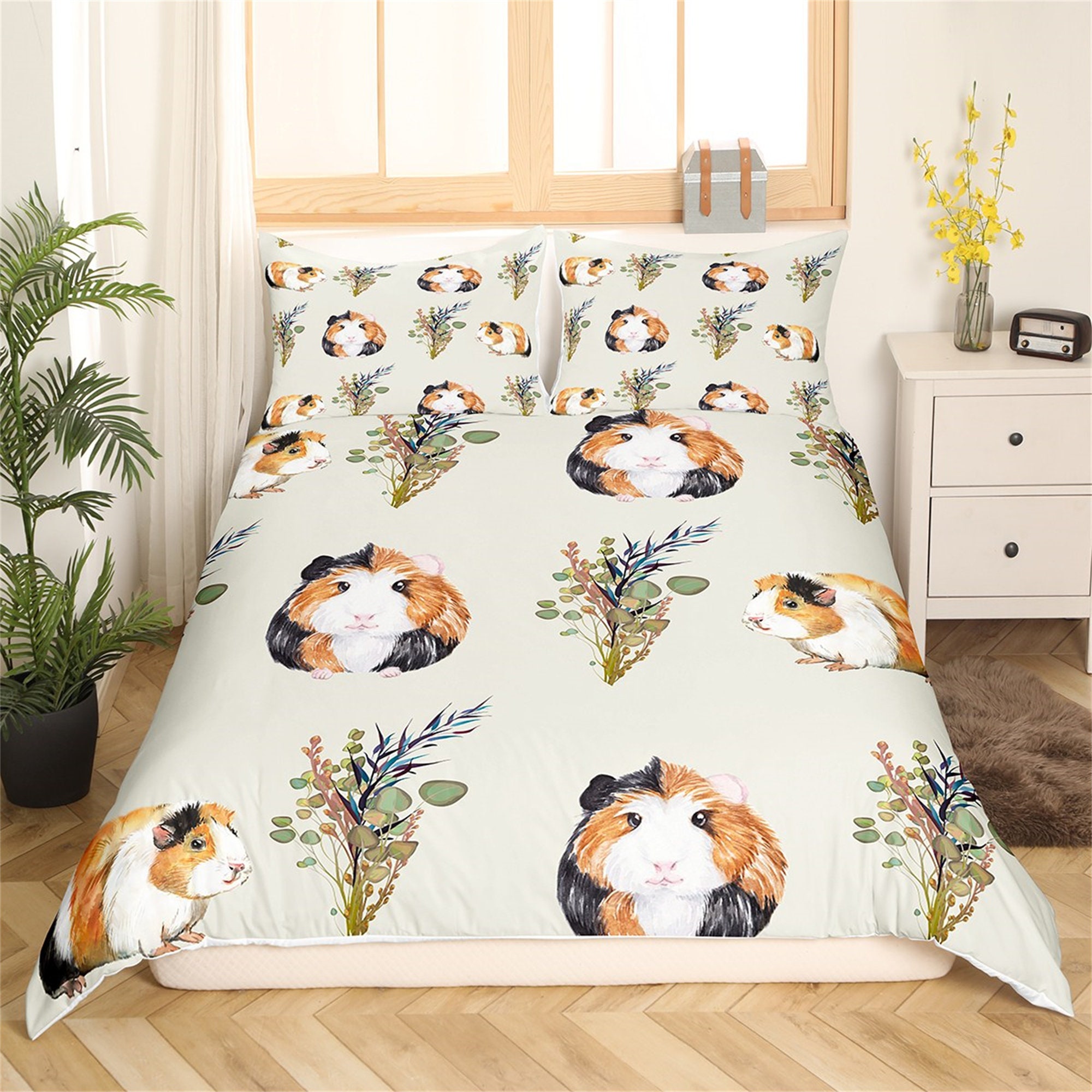 Watercolor Guinea Pig Duvet Cover Set, Nature Botanical Leaves Bedding ...