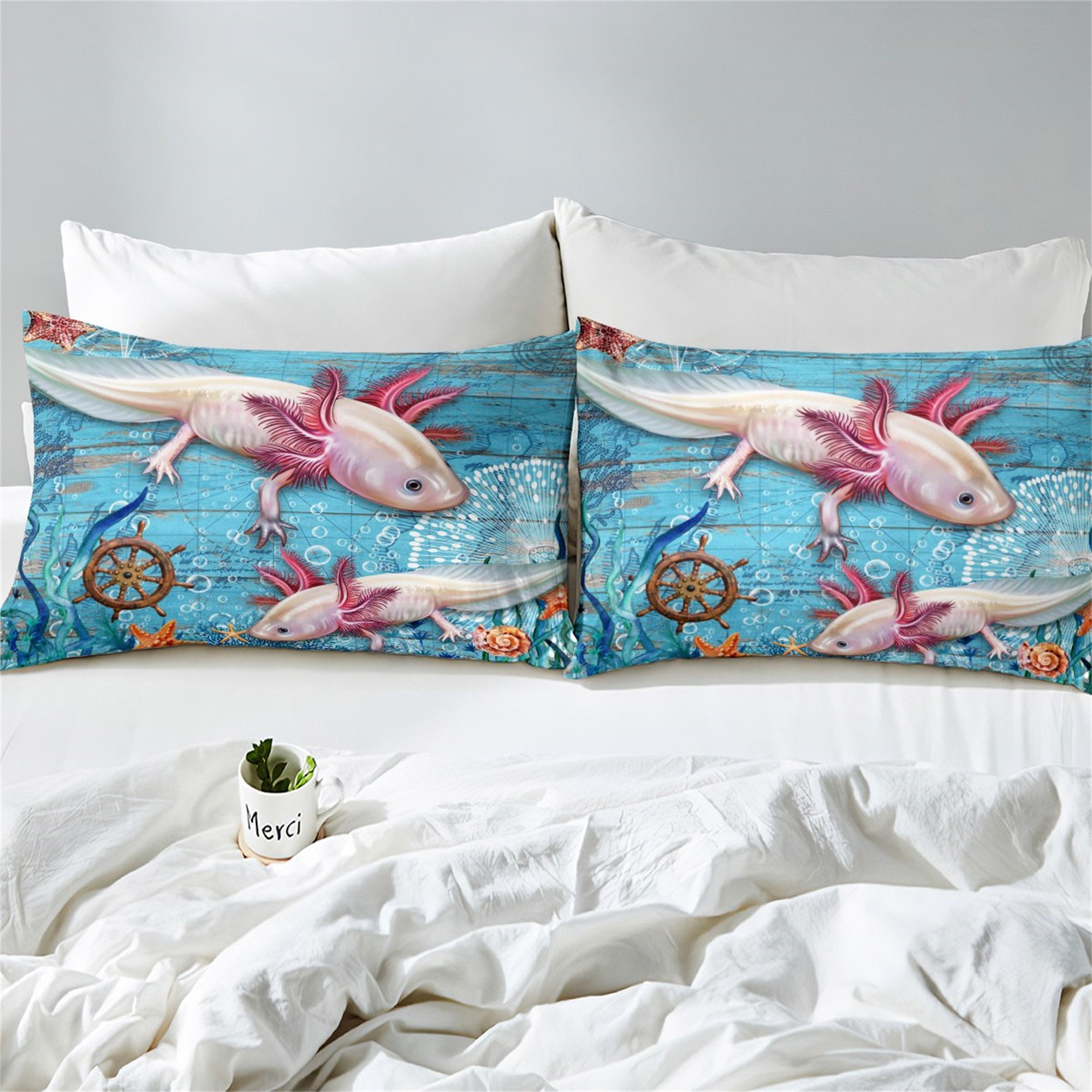 Cartoon Axolotl Duvet Cover, Ocean Animal Starfish Undersea Coral ...