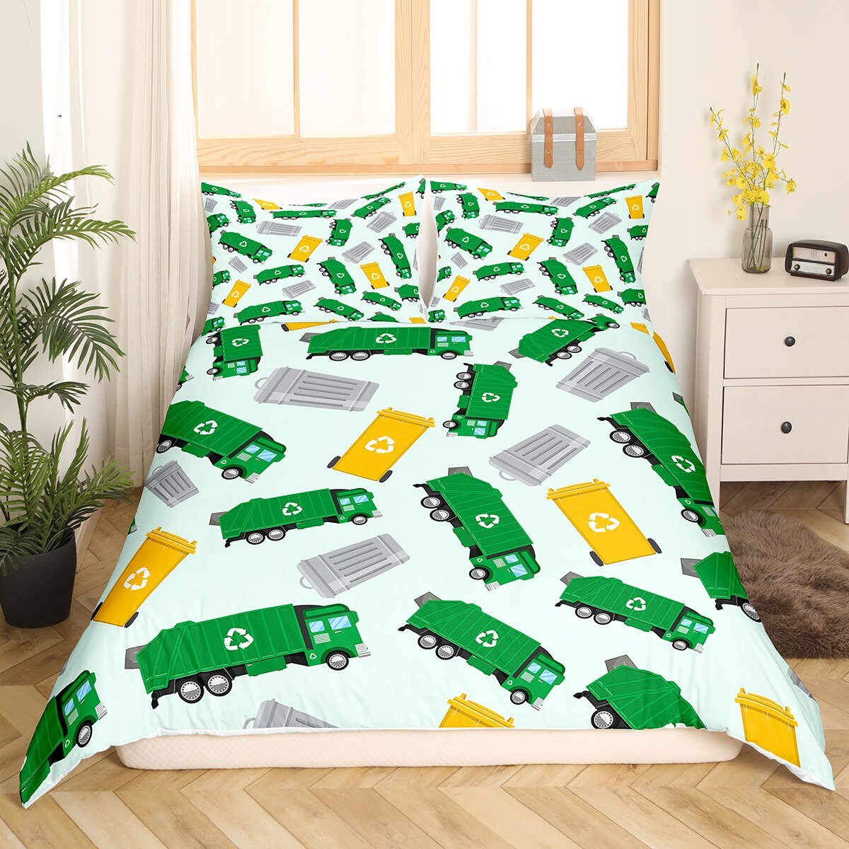 Garbage Truck Handmade Bedding Set Rubbish Bin Yellow Green - Etsy