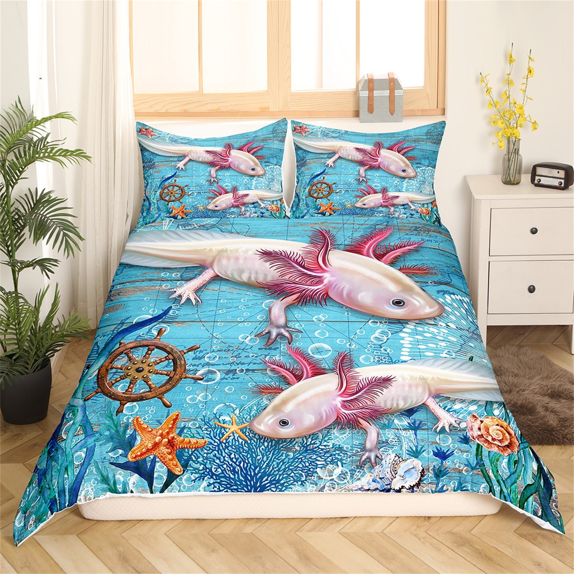 Cartoon Axolotl Duvet Cover, Ocean Animal Starfish Undersea Coral ...