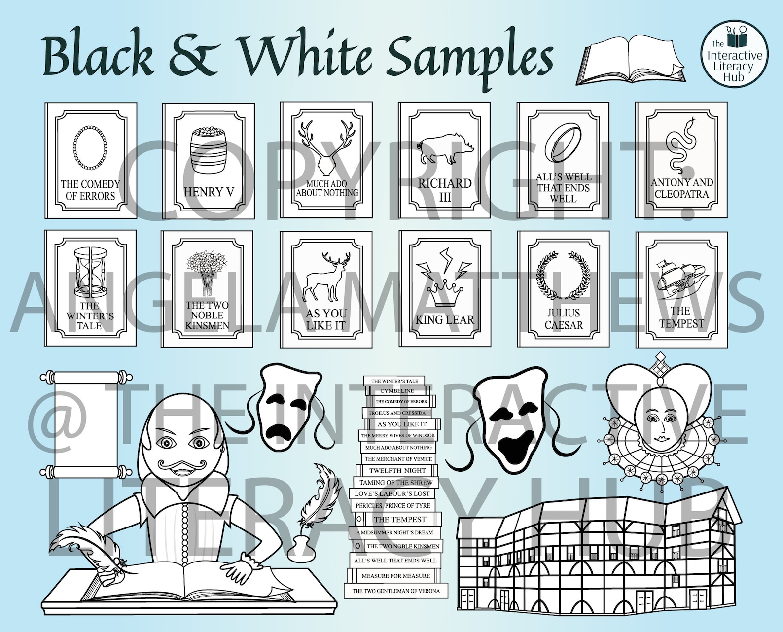 Shakespeare Clipart - 50 Png Illustrations (includes Outlined, Original ...