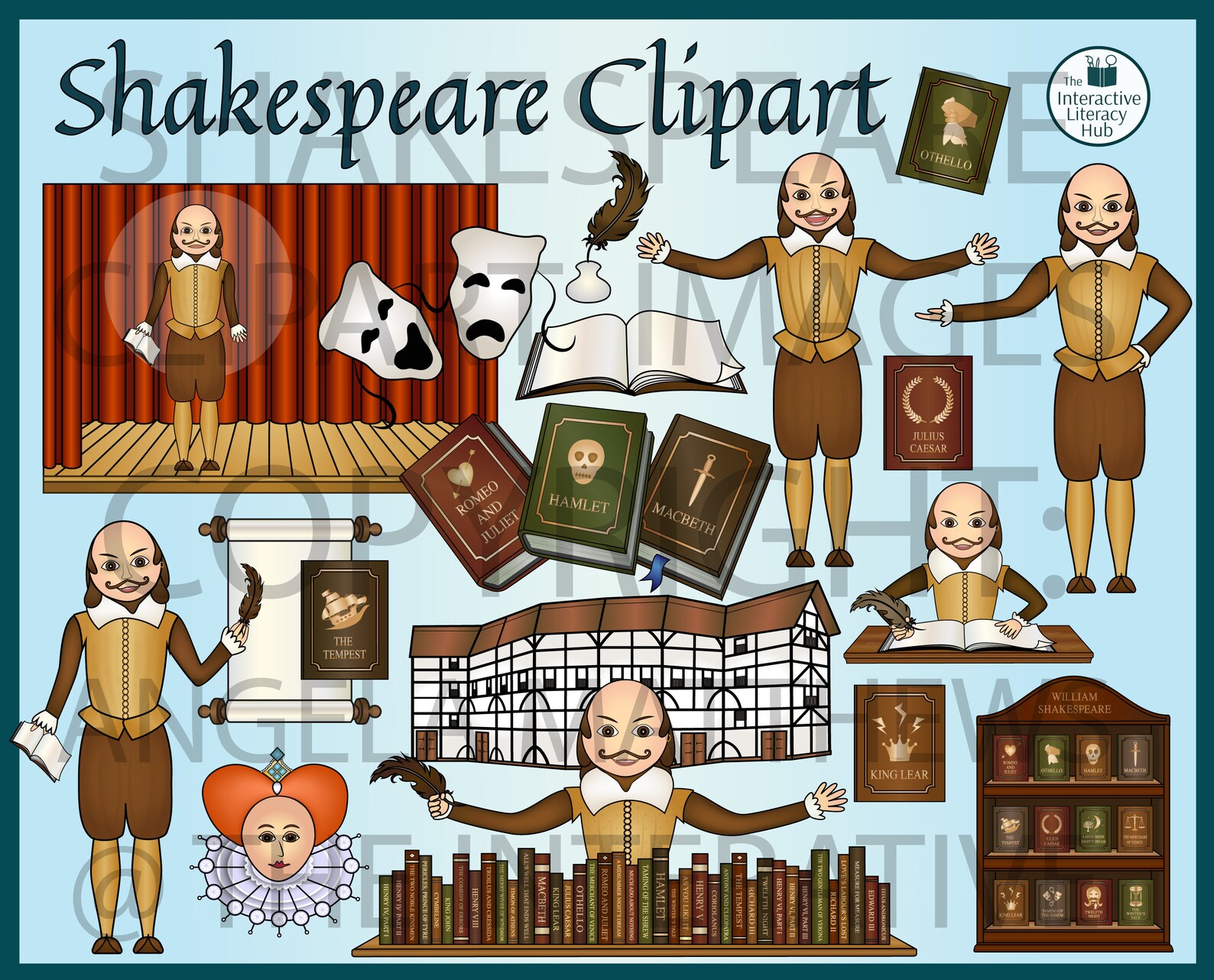 Shakespeare Clipart - 50 Png Illustrations (includes Outlined, Original ...