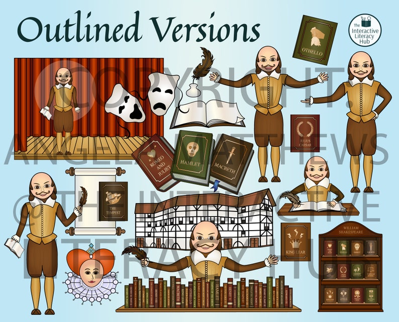 Shakespeare Clipart - 50 Png Illustrations (includes Outlined, Original ...
