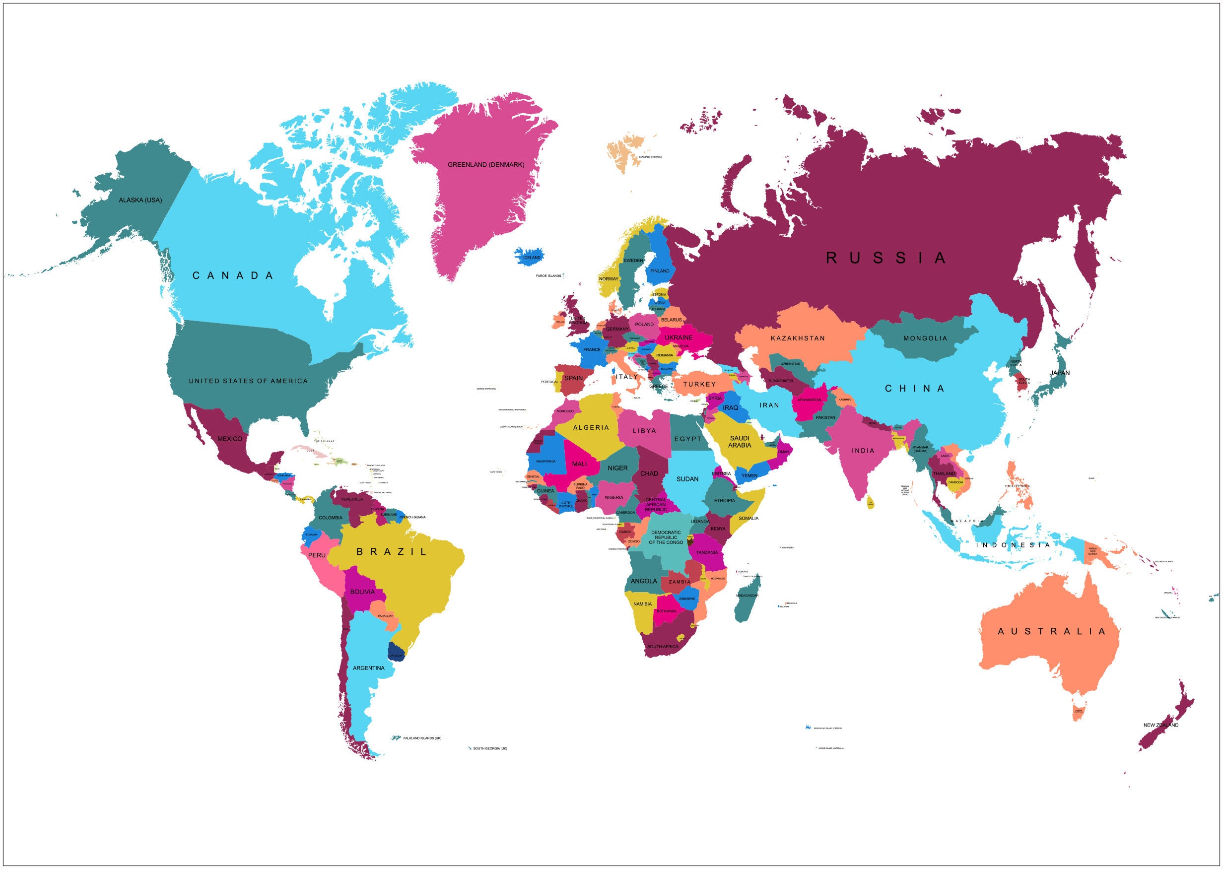 World Map Atlas Colourful Country Names Large CANVAS Art Print - Etsy UK
