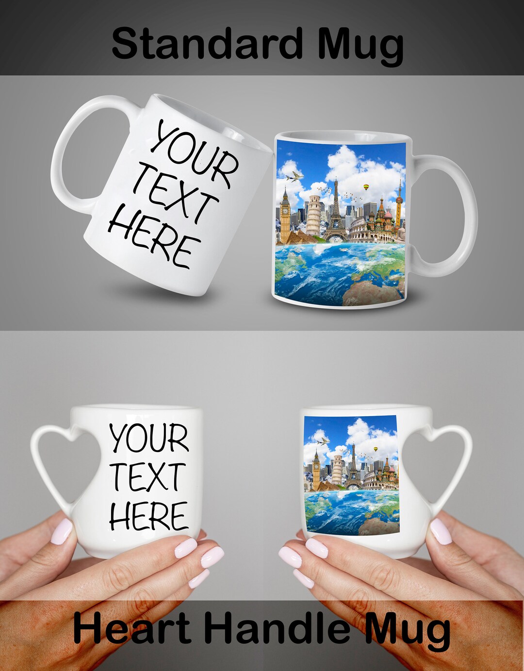 World Map of Famous Landmarks Personalised Printed Coffee Tea Mug Cup ...