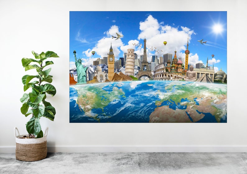 World Map of Famous Landmarks Large Poster Art Print Gift A0 A1 A2 A3 ...