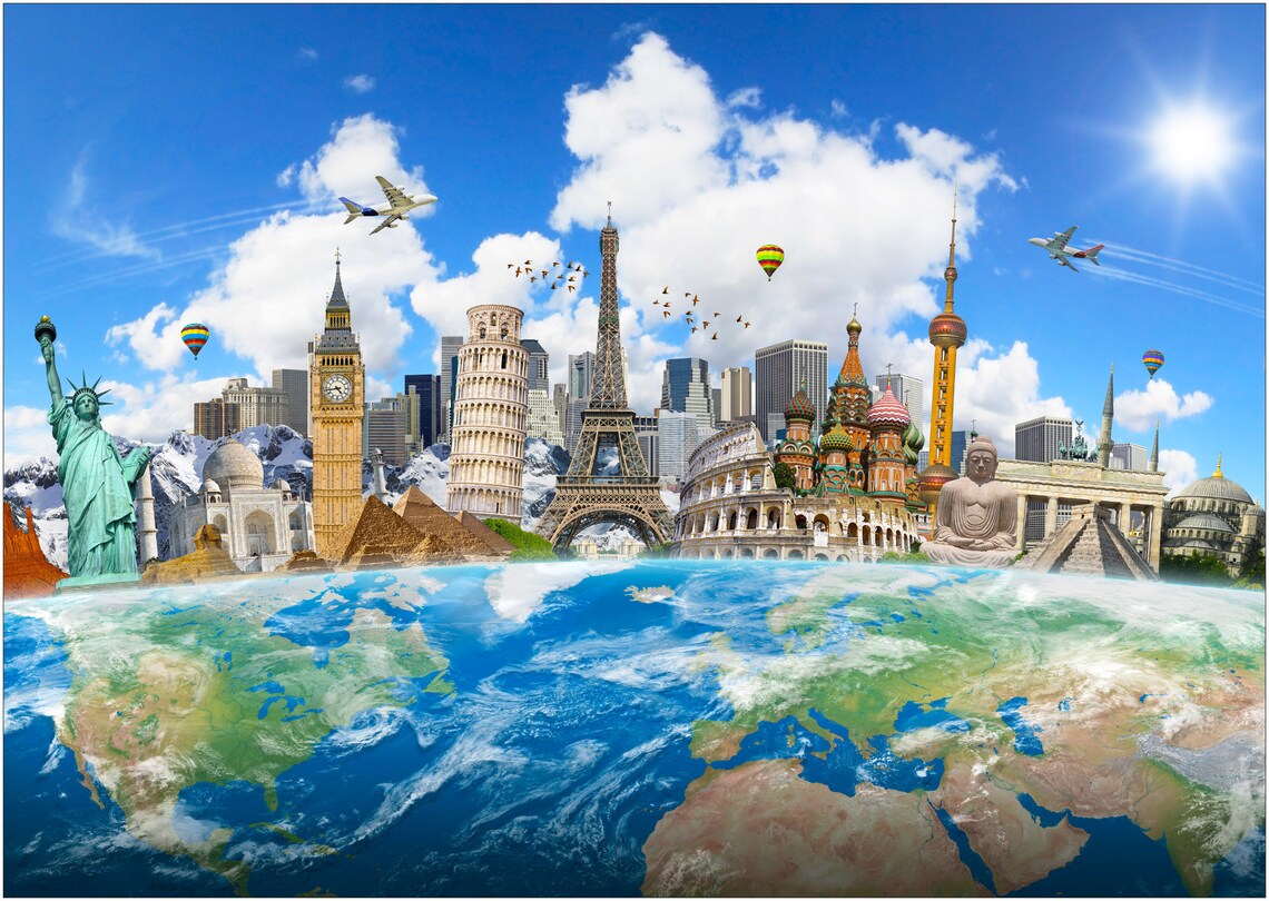 World Map of Famous Landmarks Large Poster Art Print Gift A0 A1 A2 A3 ...