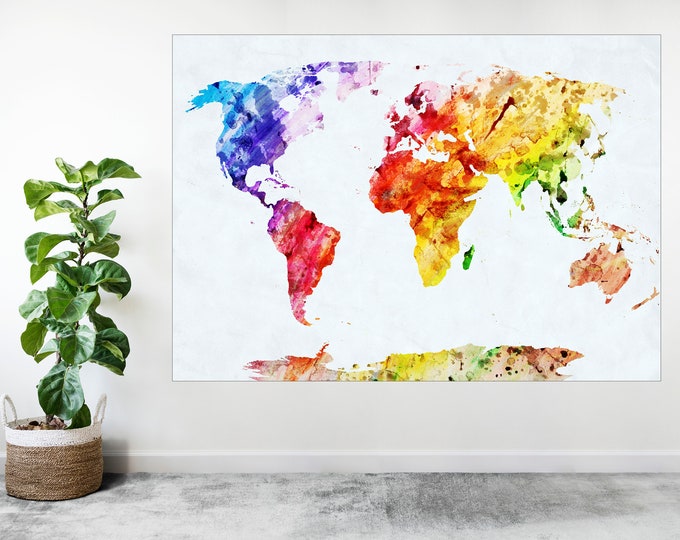 Watercolour Outline World Map Atlas Large Poster Art Print - Etsy UK