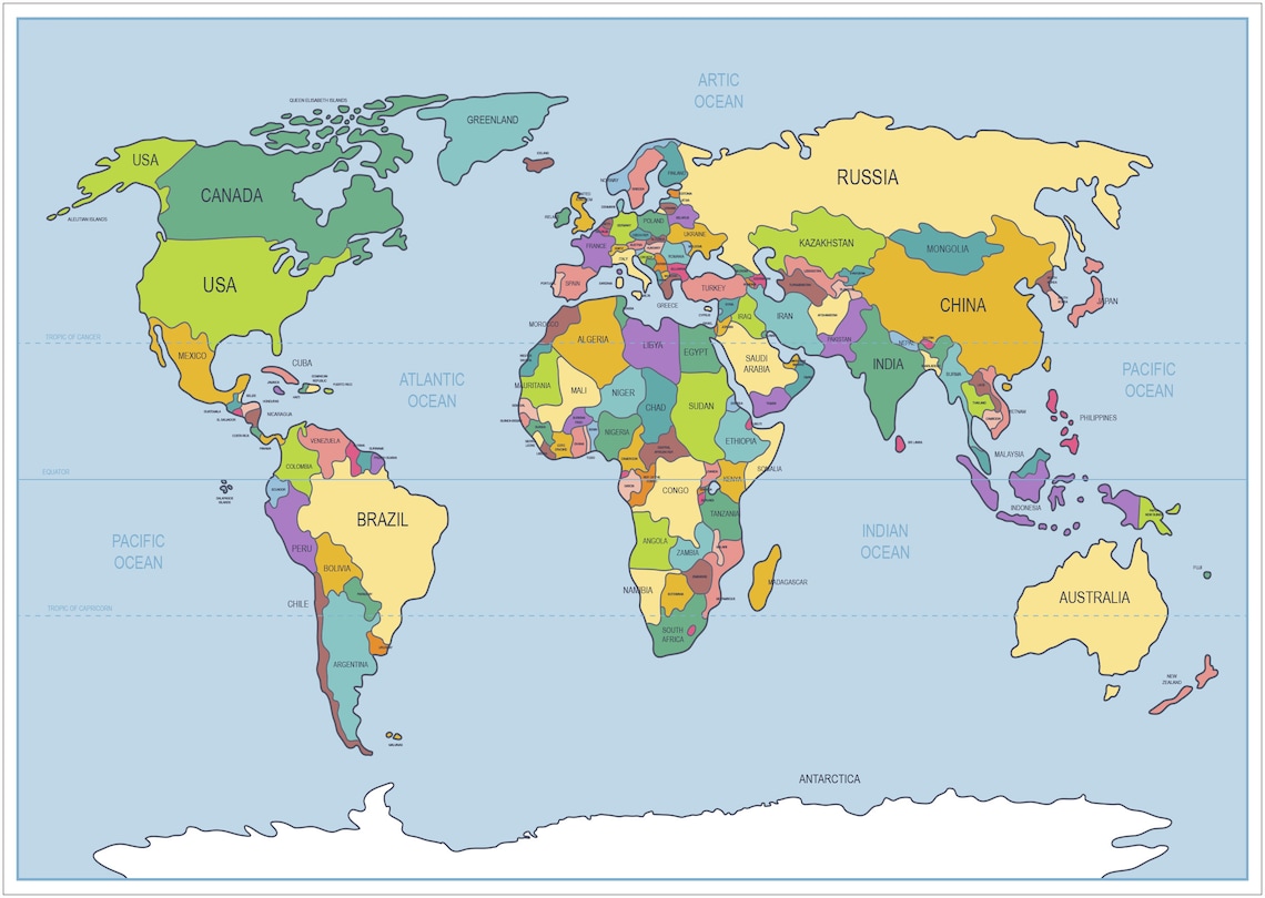 Simple World Map Atlas Large Poster Art Print Custom Gift A0 A1 A2 A3 ...