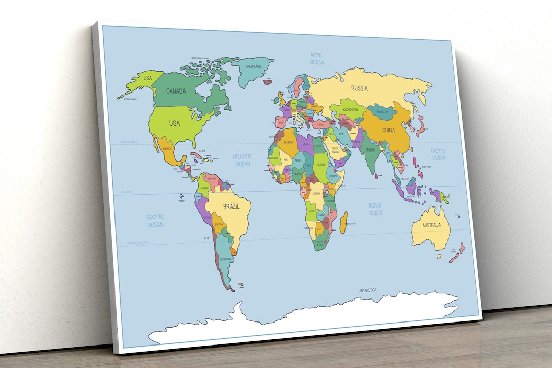 Simple World Map Atlas Large CANVAS Art Custom Print Gift A0 A1 A2 A3 ...