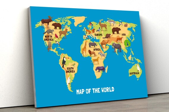 Simple World Map for Kids Cute Animals Large CANVAS Art Custom | Etsy