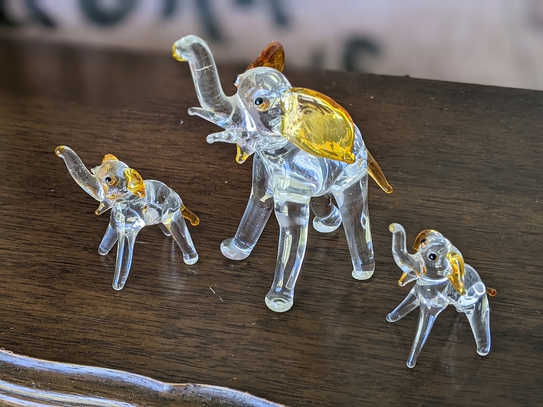 1970s Hand-pulled Glass Elephant Family Clear Orange Handmade Blown ...
