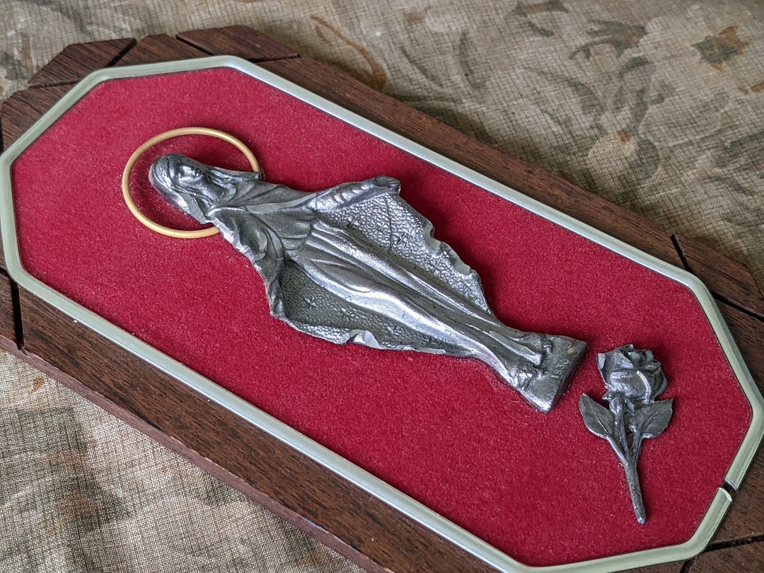 1960s Peltro Cesellato Virgin Mary Pewter Velvet Wall Hanging **made in ...