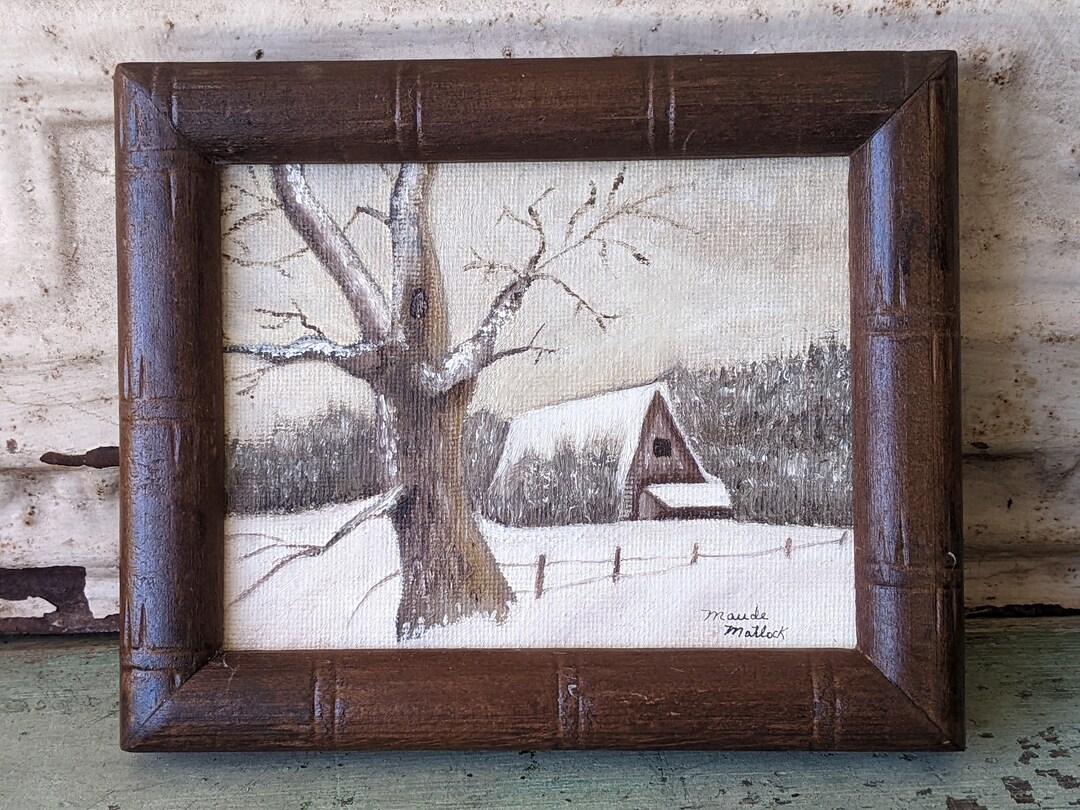 1977 Original Signed Oil on Canvas by Maude Matlock Log Cabin Winter 6 ...
