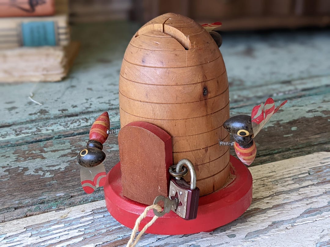 1960s Wooden Beehive Bank With Lock Keys Red Handmade Hand-painted ...
