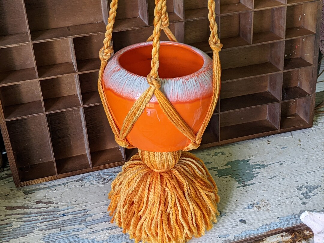 1960s Vintage Macrame Rope Pottery Plant Neon Orange Flux White Rim ...