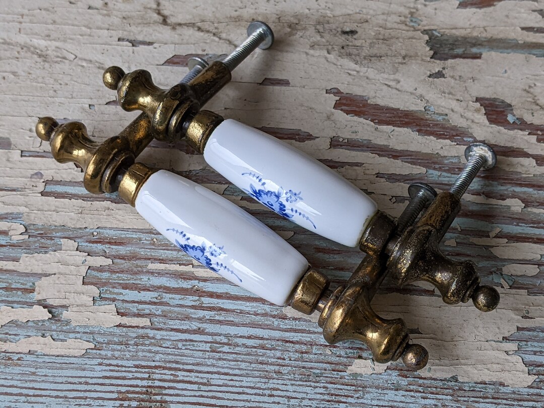 1979 KPC Drawer Handle Pulls Set of 2 Blue Floral Porcelain Brass W ...