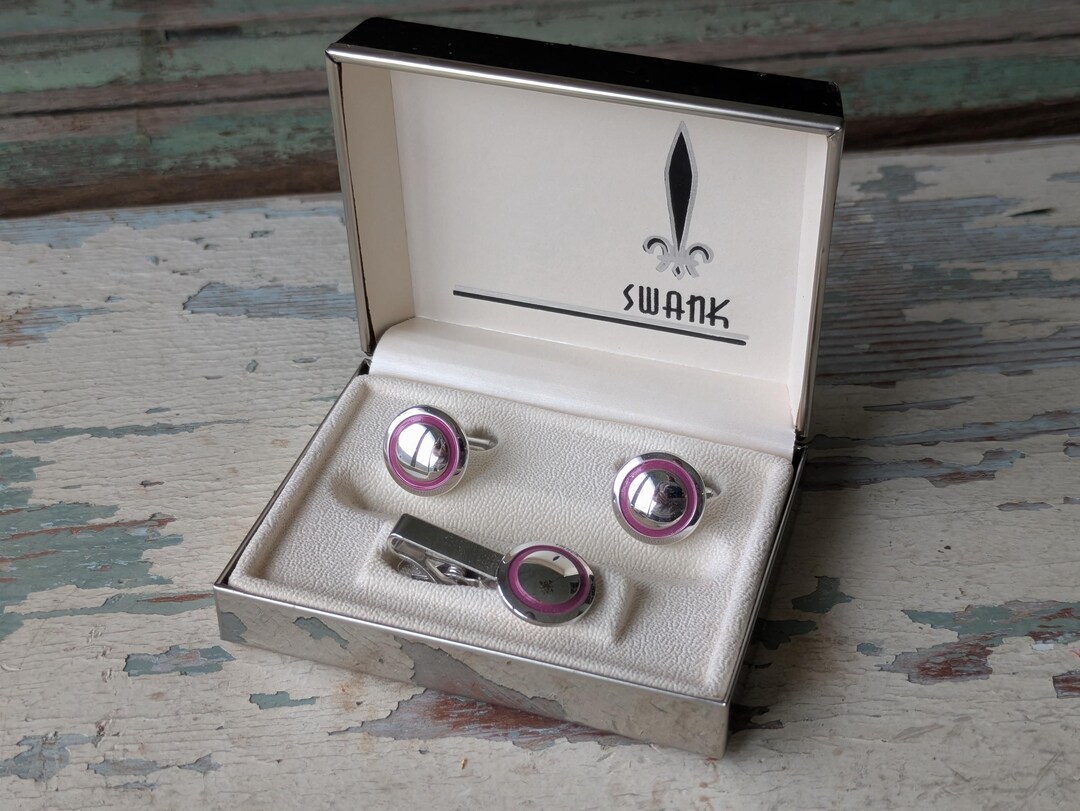 1960's Swank Cuff Links + Tie Clip Polished Nickel Finish With Colored ...