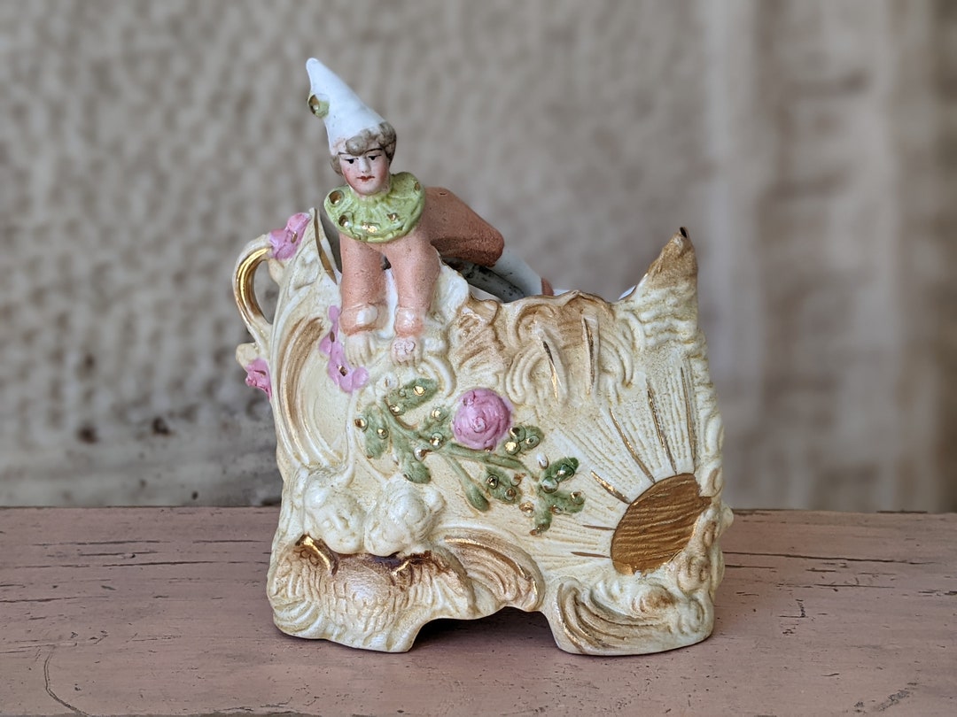 Antique German Bisque Planter Sun & Jester Hand-painted Gild !! Joyful ...