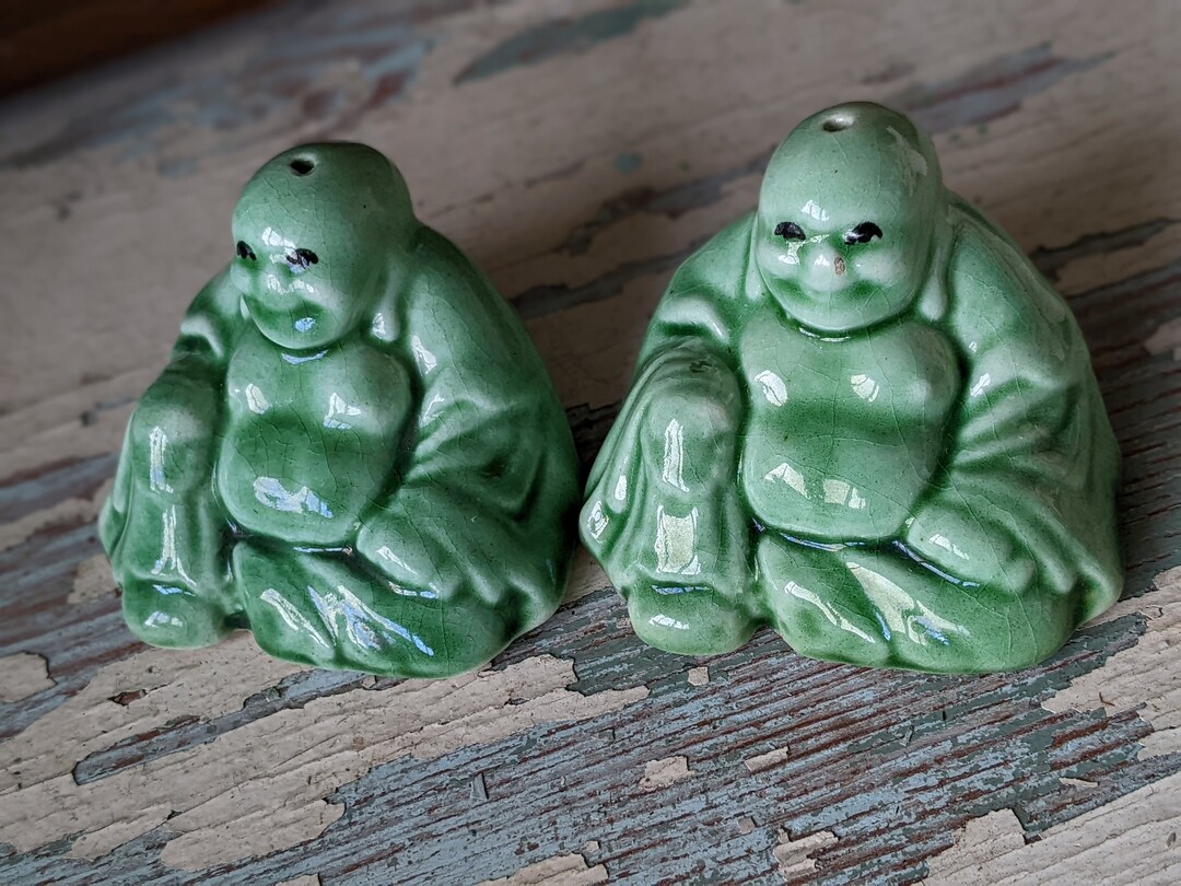 Rare Vintage Buddha Salt & Pepper Shakers Ceramic Jade Color Glaze ...
