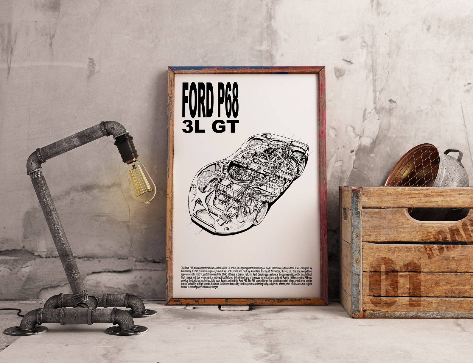 1968 Ford P68 3L GT Black and White Car Poster. Black White Large ...