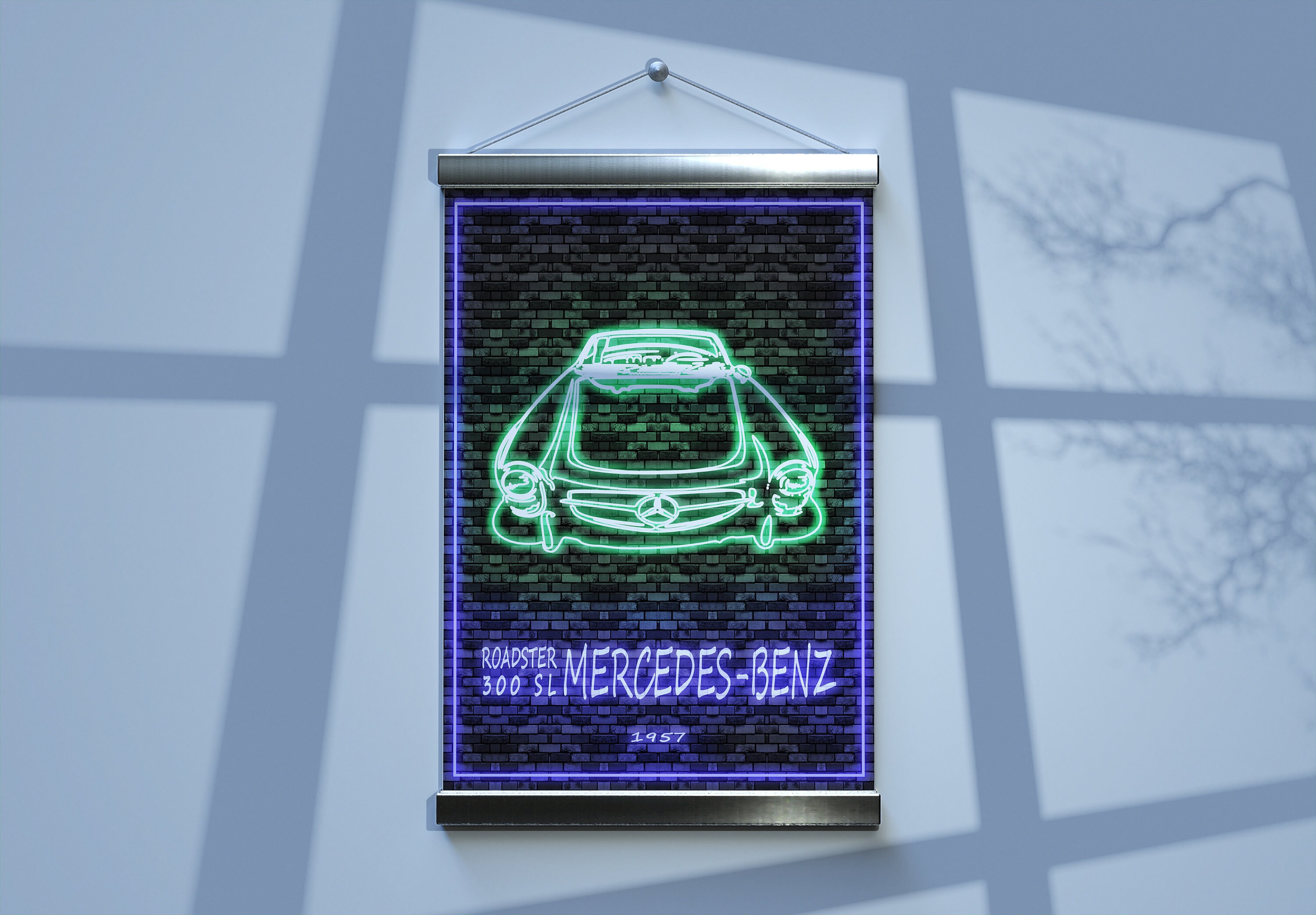 1957 Mercedes Benz 300 SL Roadster Glow Neon Car Poster. Neon Effect ...