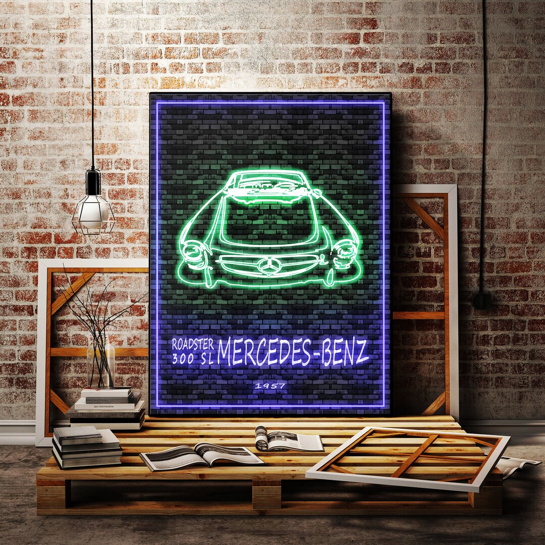 1957 Mercedes Benz 300 SL Roadster Glow Neon Car Poster. Neon Effect ...