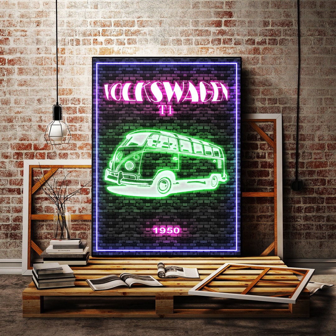 1950 Volkswagen T1 Glow Neon Car Poster. Neon Effect Car Printable Wall ...
