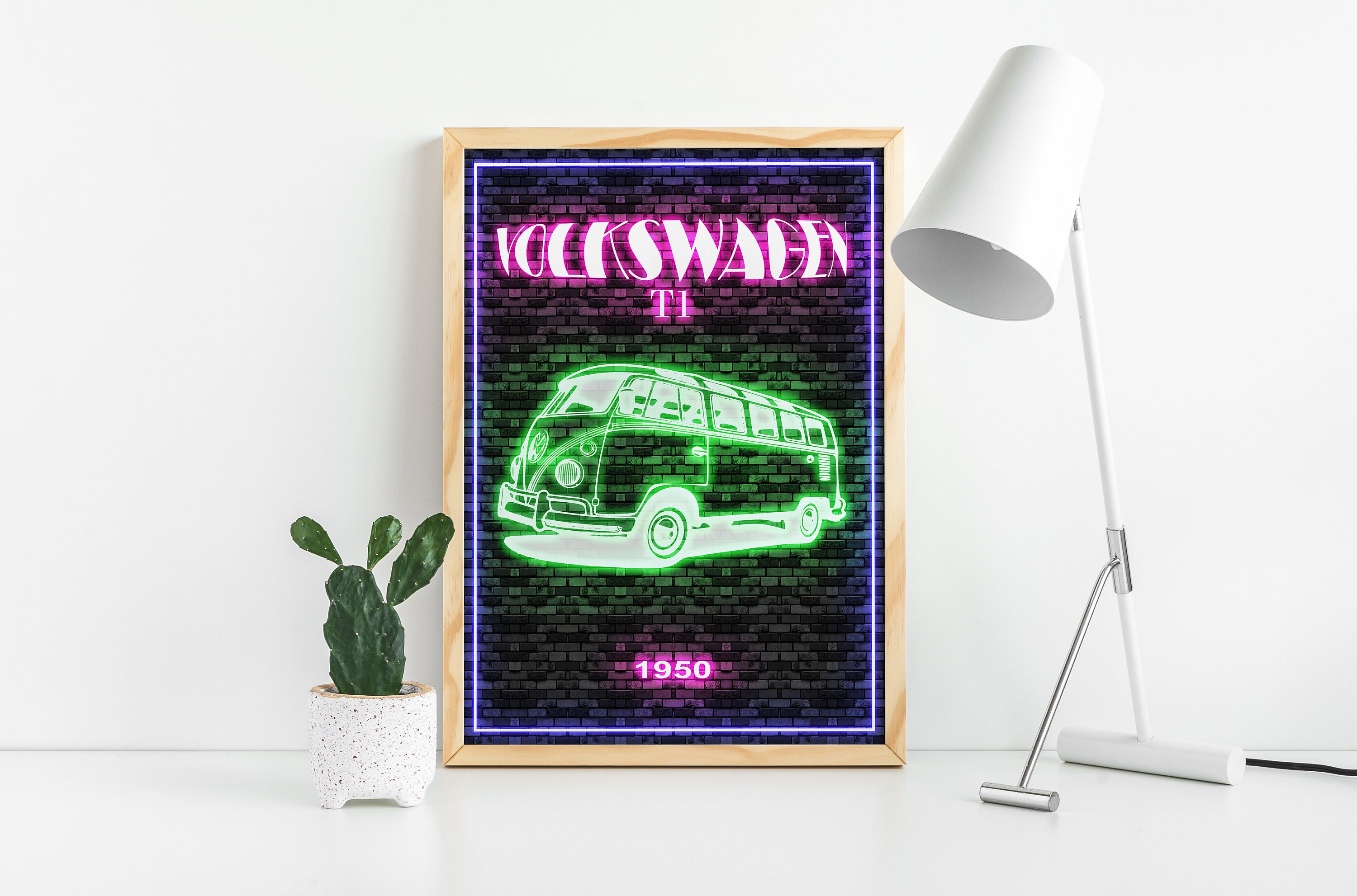 1950 Volkswagen T1 Glow Neon Car Poster. Neon Effect Car Printable Wall ...