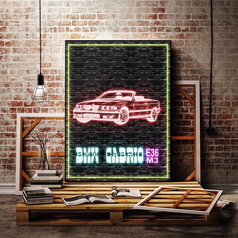 BMW M3 Cabrio E36 Glow Neon Car Poster. Neon Effect Car Printable Wall ...