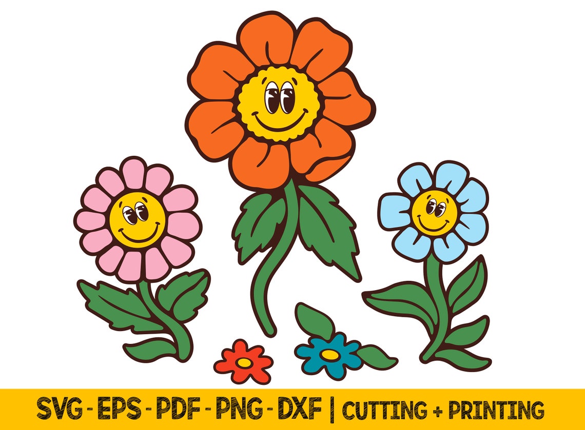 Retro Daisy Smiley Face Svg Files for Cricut, Retro Flower Svg ...