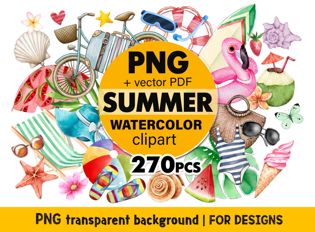Watercolor Summer Clipart Bundle: Beach Designs (270 PNG & PDF) - Etsy