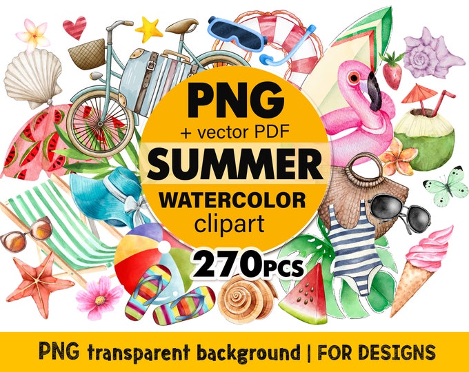 Summer Clipart Bundle, Watercolor Cliparts, Summer Cliparts, Vacation ...