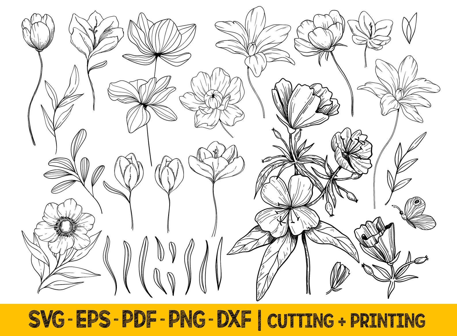 Hand Drawn Flower Clipart Botanical Svg Files for Cricut - Etsy